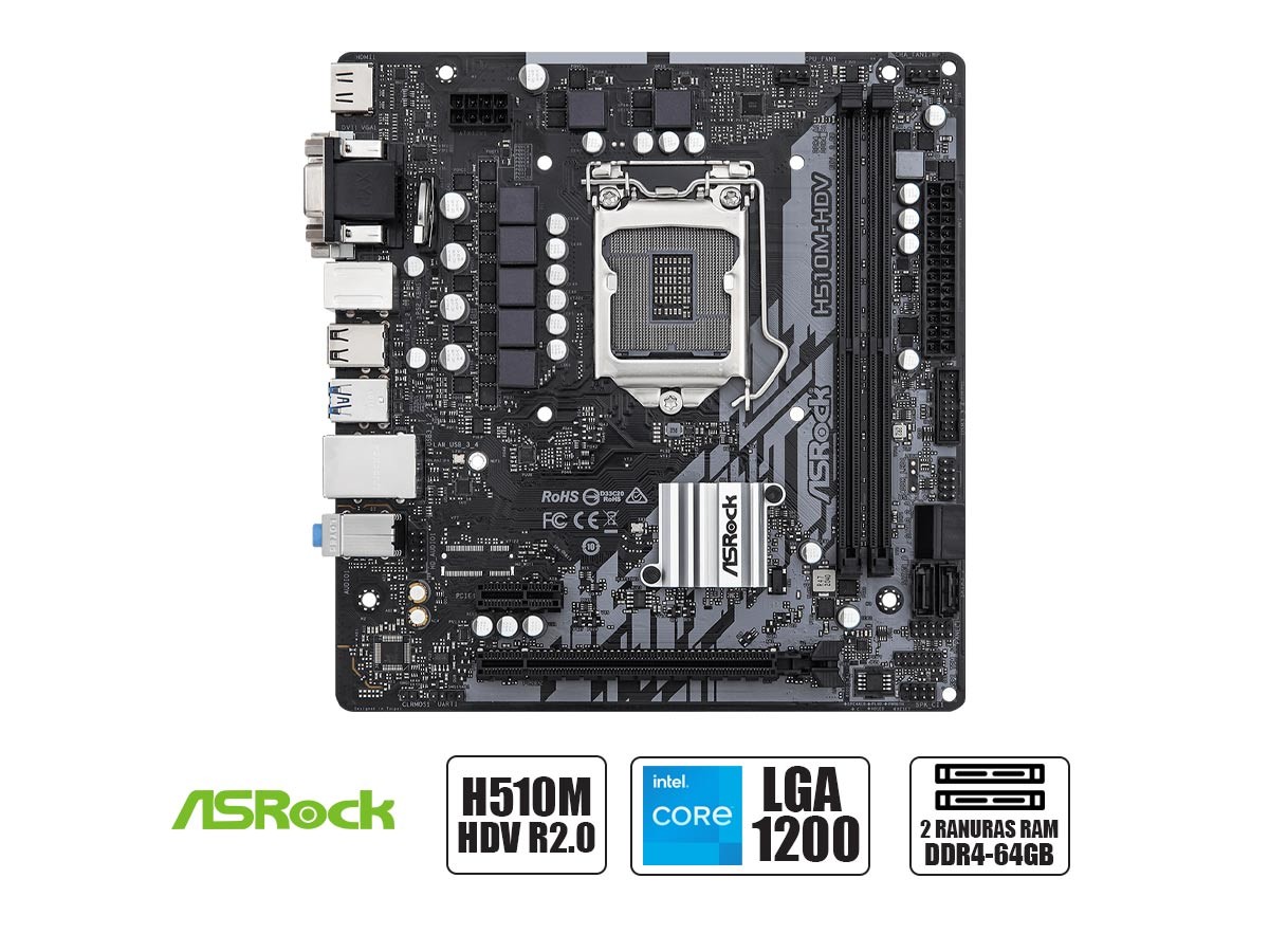 PLACA MADRE ASROCK H510M-HDV R2.0, PARA PROCESADORES INTEL LGA 1200, 2 RANURAS DE MEMORIA DDR4 ...