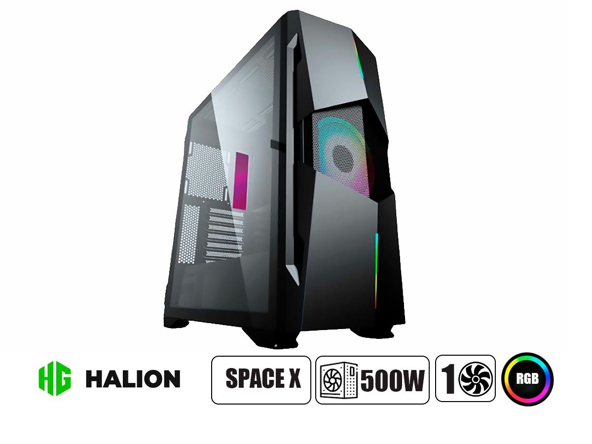 CASE HALION SPACE X FUENTE 500W, CON PANEL LATERAL DE VIDRIO TEMPLADO, 1 VENTILADOR LED RGB, 3 ...