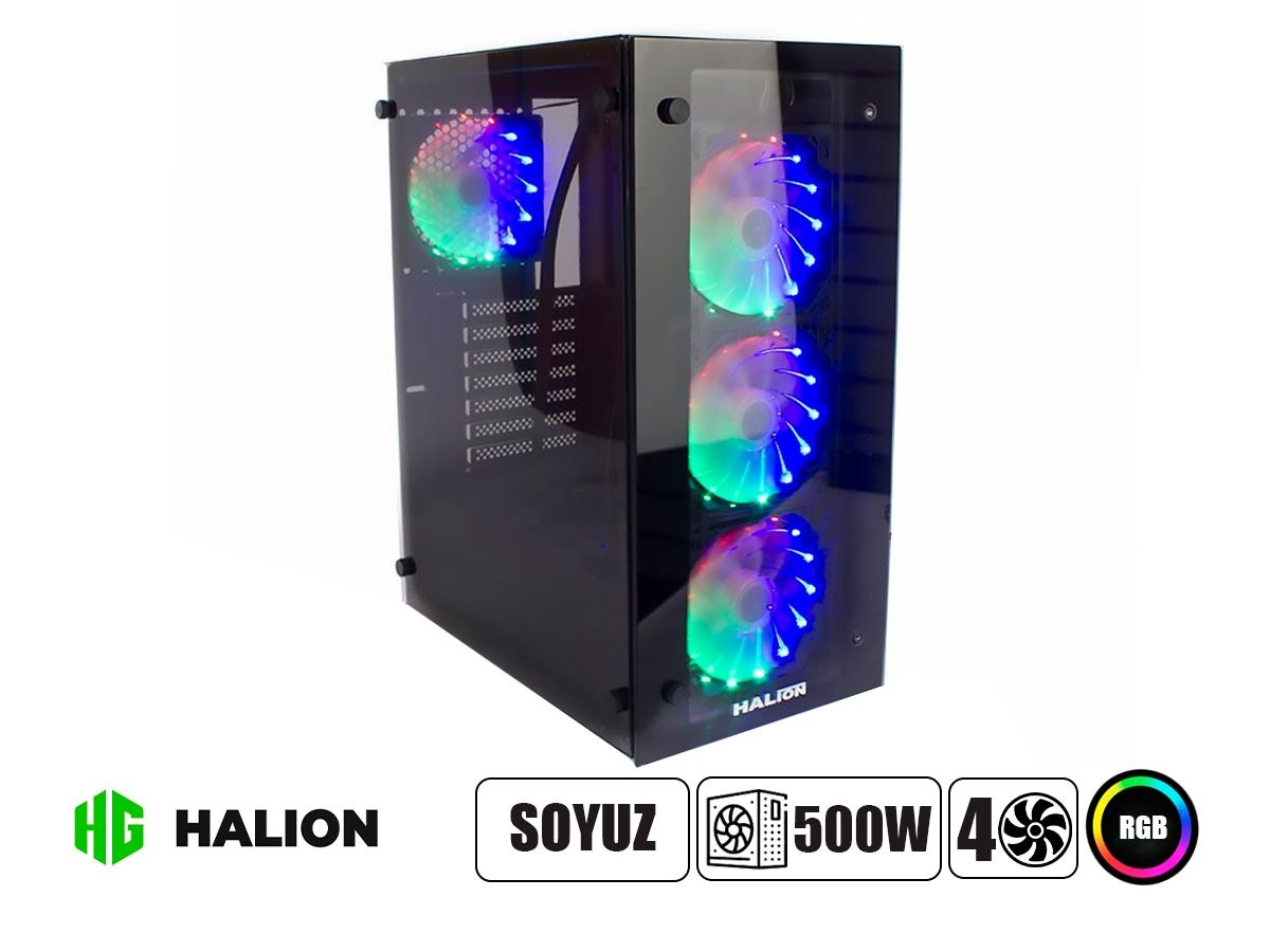 CASE HALION SOYUZ CON FUENTE 500W NEGRO 2 VIDRIO TEMPLADO 4 COLORES LED ...