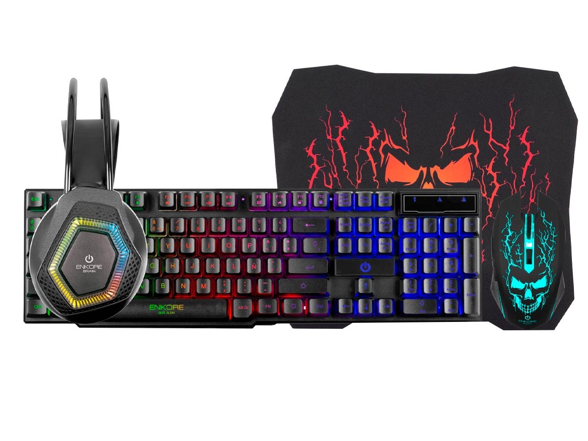 COMBO 4 EN UNO ENKORE BRAIN ENT, TECLADO CON ILUMINACION LED, MOUSE ILUMINACION LED, AURICULAR ...