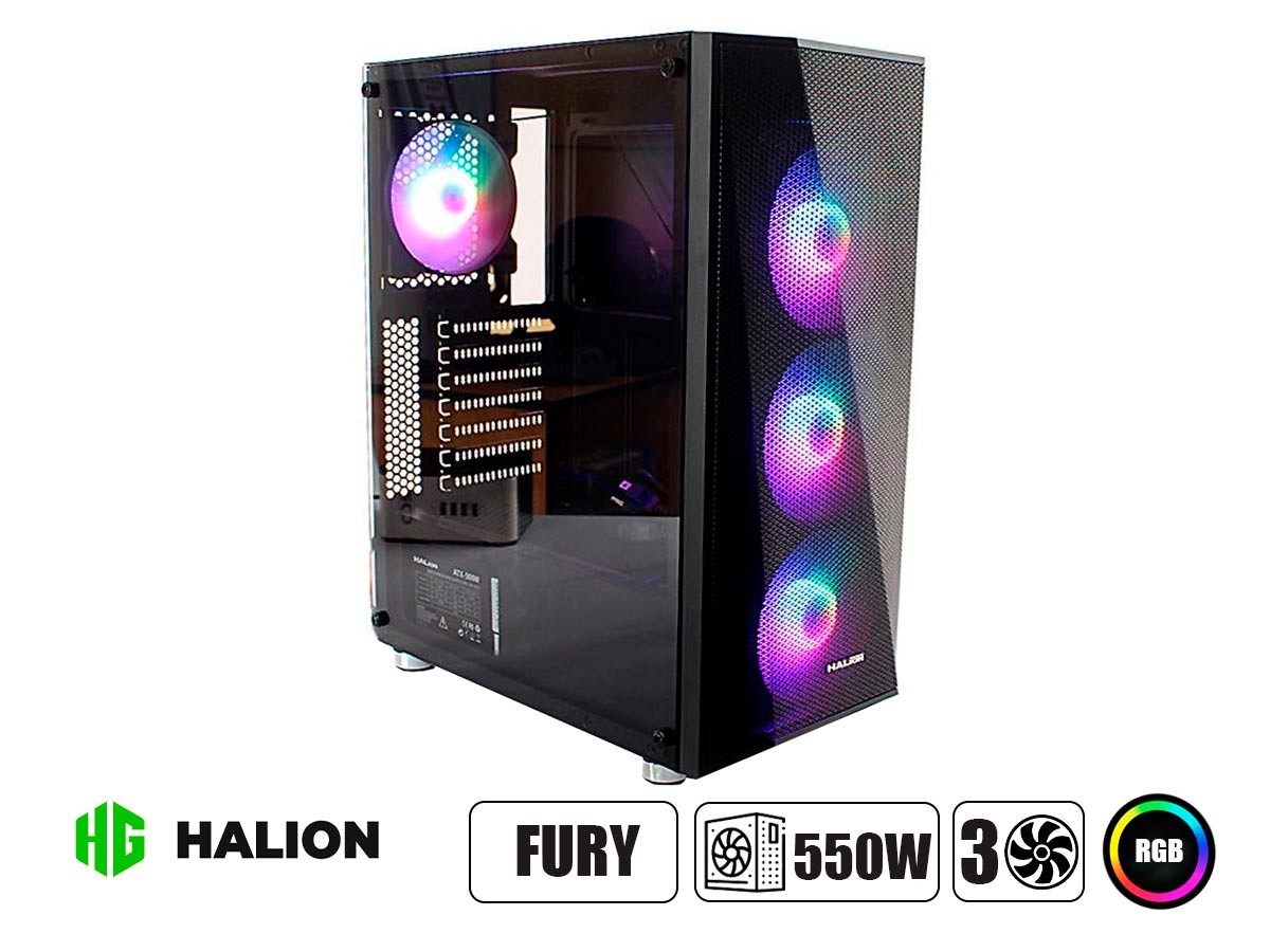 CASE HALION FURY 550W 1 PANEL VIDRIO 3 FAN LED - RGB (HA-FURY-550W)