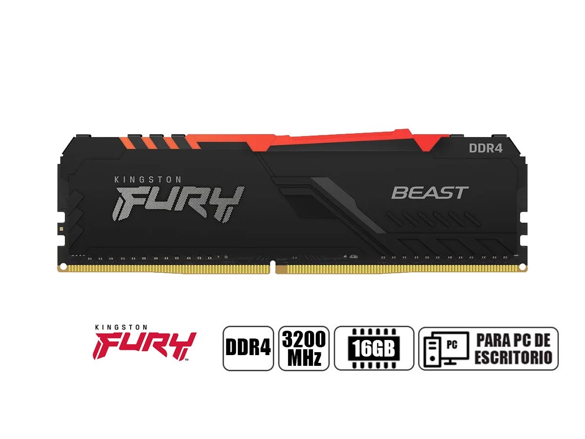 MEMORIA RAM KINGSTON DDR4 16GB, FRECUENCIA 3200 MHZ, FURY BEAST RGB, NEGRO, PARA PC DE ...