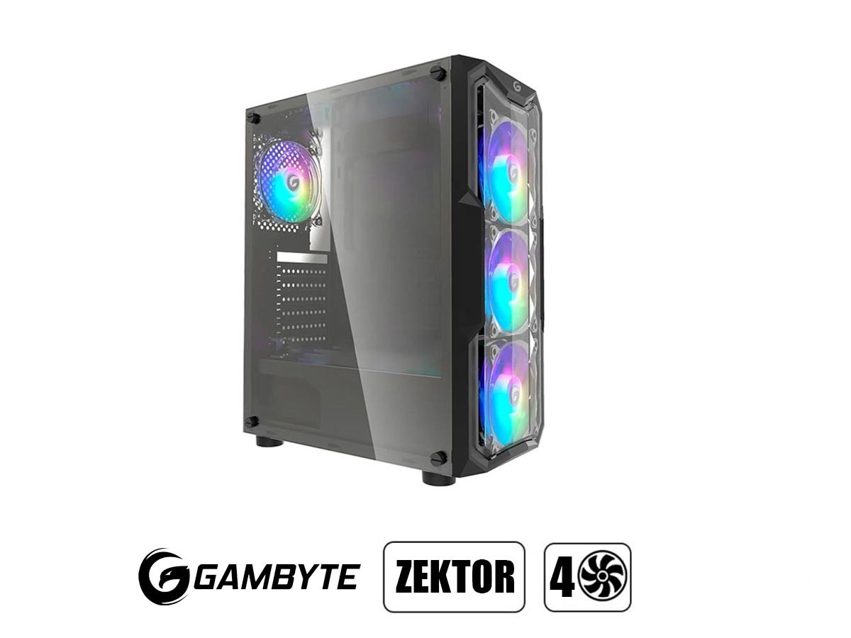 CASE GAMBYTE ZEKTOR SIN FUENTE, CON PANEL LATERAL DE VIDRIO TEMPLADO, 4 VENTILADORES LED ARGB, 3 ...